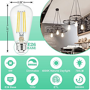 Hansang Dimmable Edison Light Bulbs E26 LED Bulb 60 Watt Equivalent, 4000K Natural Daylight Vintage Light Bulbs E26 Standard Base, Antique ST58 6W LED Filament Bulb,CRI 85+, Clear Glass, 700LM, 6 Pack