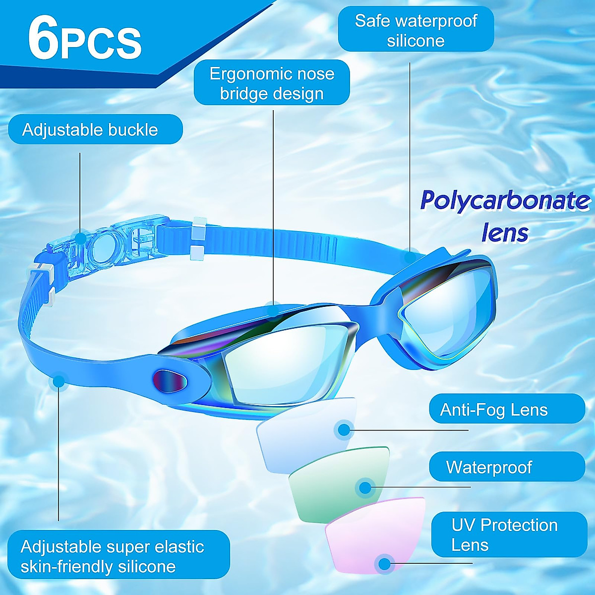 Flutesan 6 Pcs Swim Goggles Swimming Equipment Swimming Goggles Sport Swimming Goggles for Women Men Adult Youth (Bright Color)