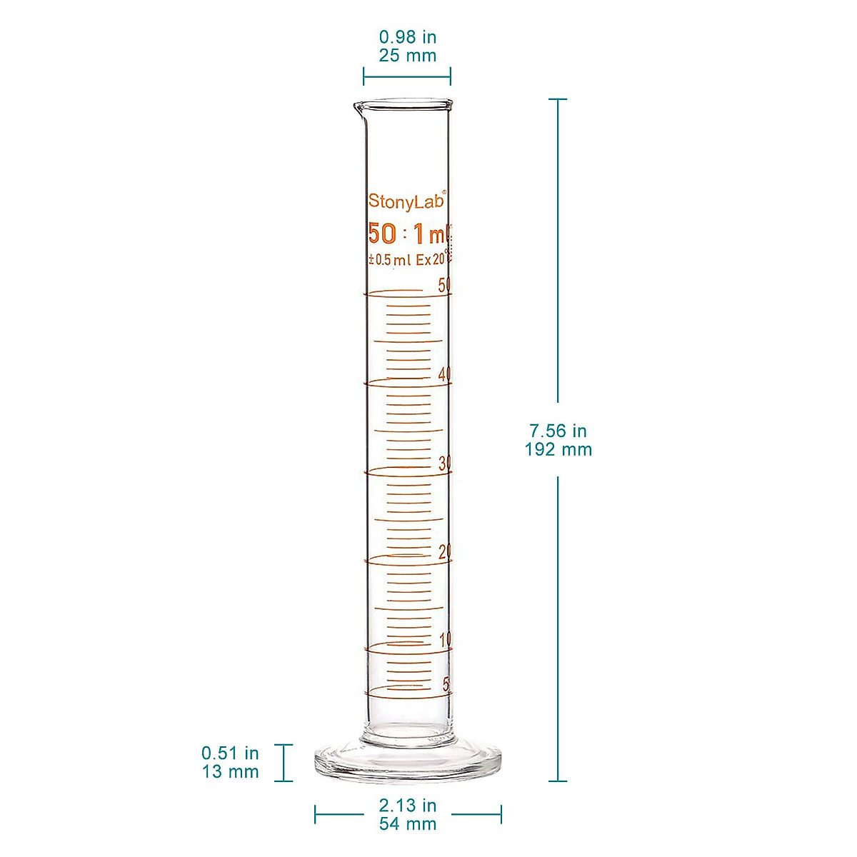 StonyLab 4-Pack Borosilicate Glass 50ml Heavy Wall Graduated Cylinder Measuring Cylinder, 50ml