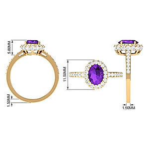 Natural Amethyst 6X8mm Oval Engagement Ring, AAA Quality, Certified Amethyst Moissanite Halo Engagement Ring, 14K Rose Gold, Size:US 7.00