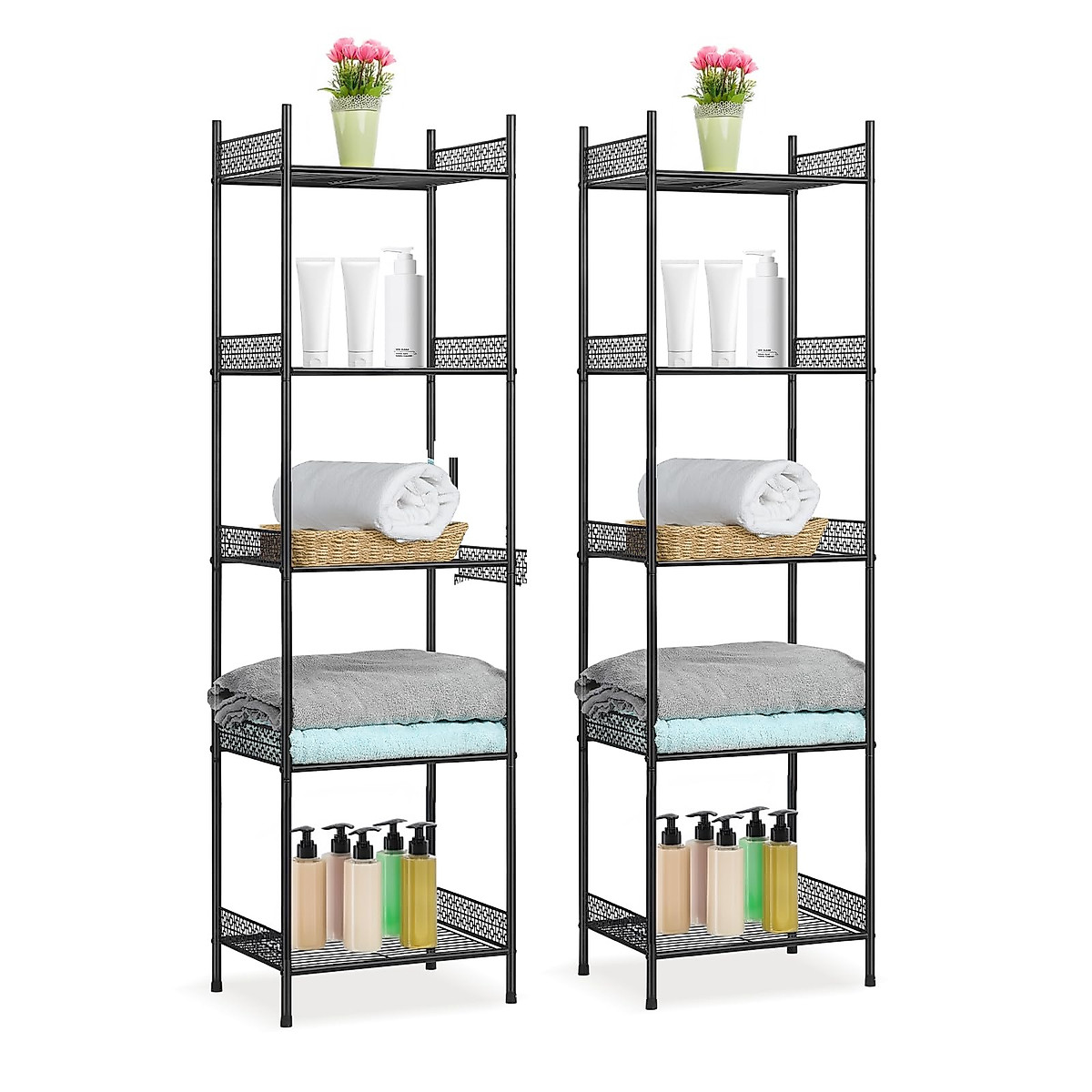 2 Pack 5-Tier Bathroom Storage Shelf, Heavy Duty Wire Shelving Unit Free Standing Towel Rack Organization for Kitchen Bathroom Laundry, Black