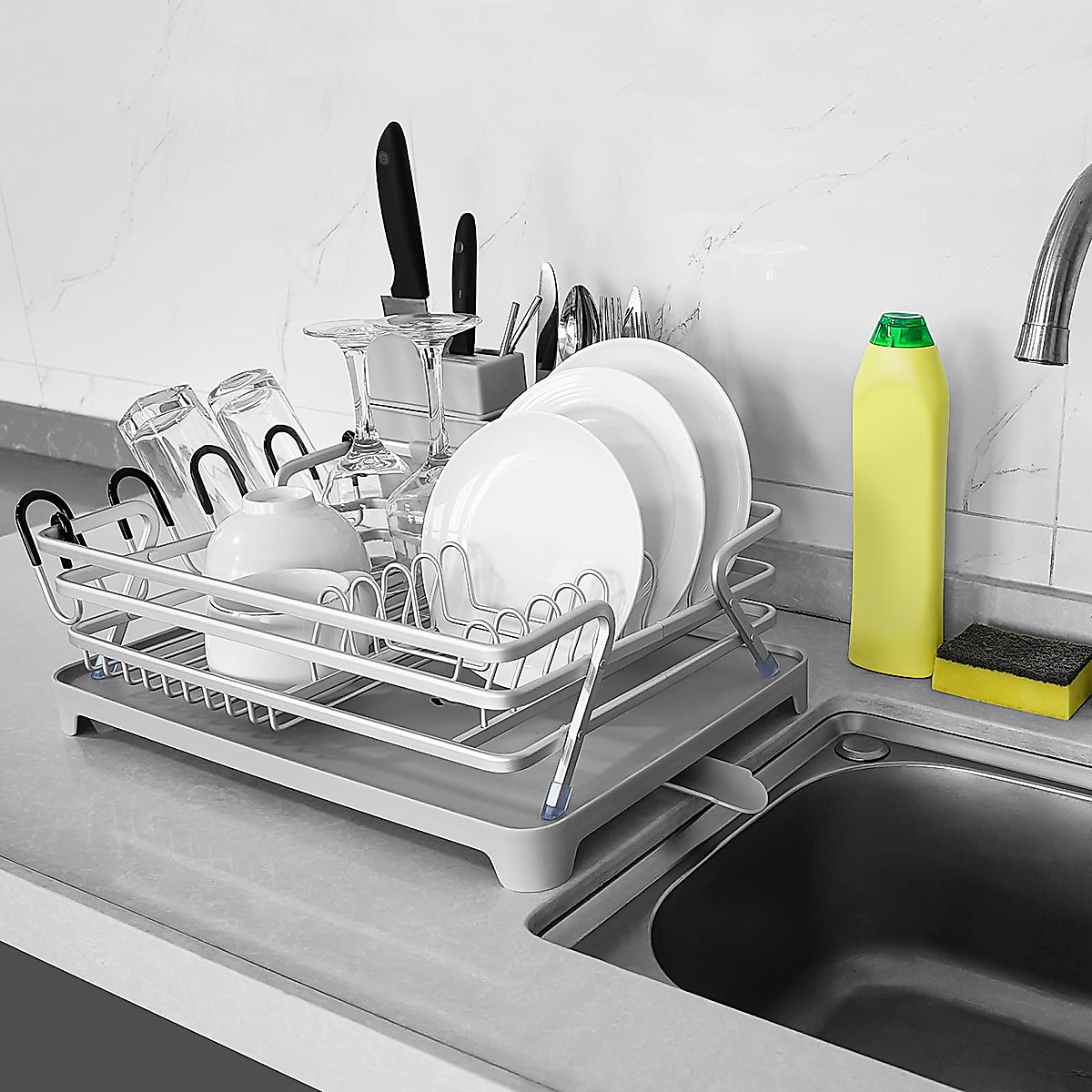 Linkidea Aluminum Dish Drying Rack, 16.9" x 12.6" Compact Rustproof Dish Rack and Drainboard Set, Dish Drainer Strainers with Adjustable Drainage and Removable Cutlery and Cup Holder Fit Kitchen