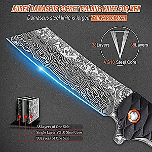AUBEY EDC Damascus Pocket Knife, 3.34 inch Damascus Steel Hollow Grind Blade, Folding Knife with Liner Lock, Ball Bearing, Aluminum Non-Slip Handle, Damascus Knife for Outdoor Camping Hunting (Black)