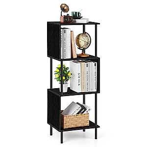 ETELI Small Bookshelf Unique S Shaped 4 Shelf Bookcase Free Standing Industrial Book Storage Shelves for Living Room, Bedroom, and Home Office, Rustic Book Organizer & Metal Frame