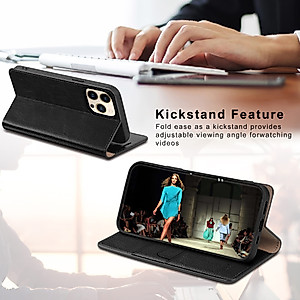 Belemay Compatible with iPhone 14 Pro Max Case Wallet-Genuine Leather Flip Case-RFID Blocking Card Holders-Shockproof TPU Shell Folio Cover Women Men Compatible with iPhone 14 Pro Max (6.7-inch) Black