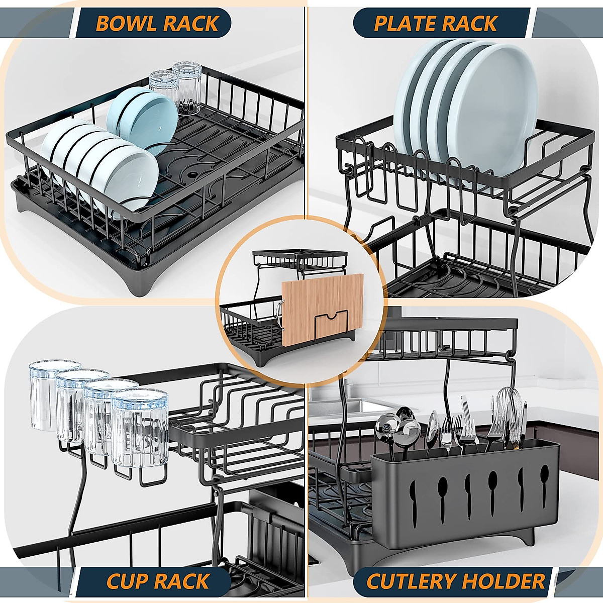 FUNNy elf Dish Drying Rack, 2-Tier Large Dish Racks for Kitchen Counter, Rust-Proof Dish Drainer with Drying Board , Stainless Steel Dish Rack with Removable Utensil Holder