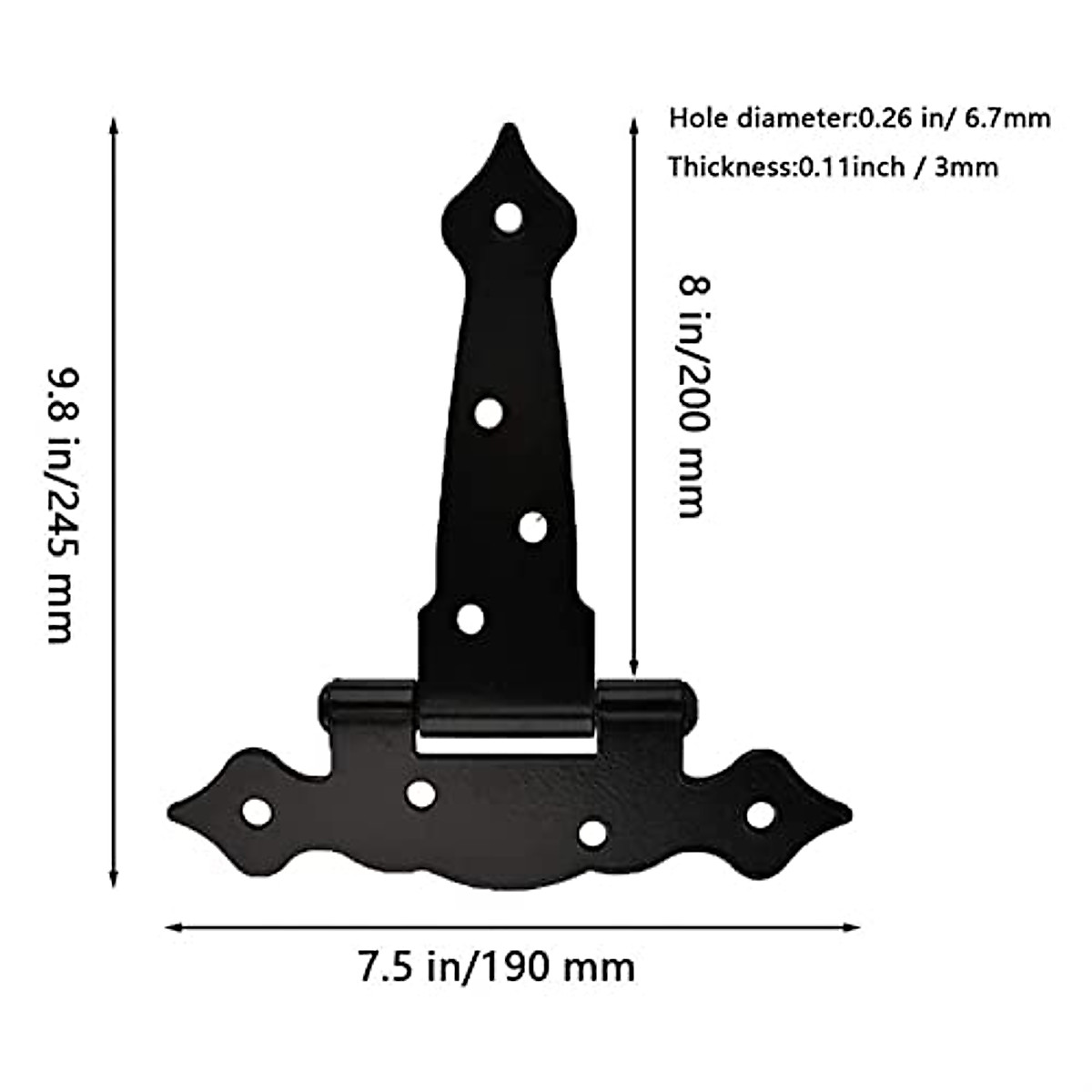 Heavy Duty Hinge,Long Strap T Hinge, 2pcs Black T-Shaped Heavy Duty Door Hinges, Flower-Shaped Decorative Strap Hinges Barn Door Wooden Fence Gate Hinges with Screws