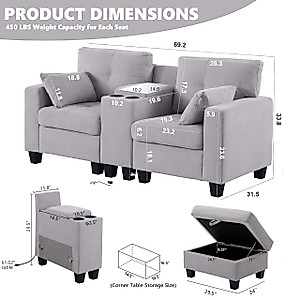 Generic Loveseat Sofa with Storage Ottoman & Console Cupholders, 2 Seater Modular Couch with Charging Station Modern Velvet Small Sectional Couch for Aparment,Home Office, Light Grey, F8001LIST