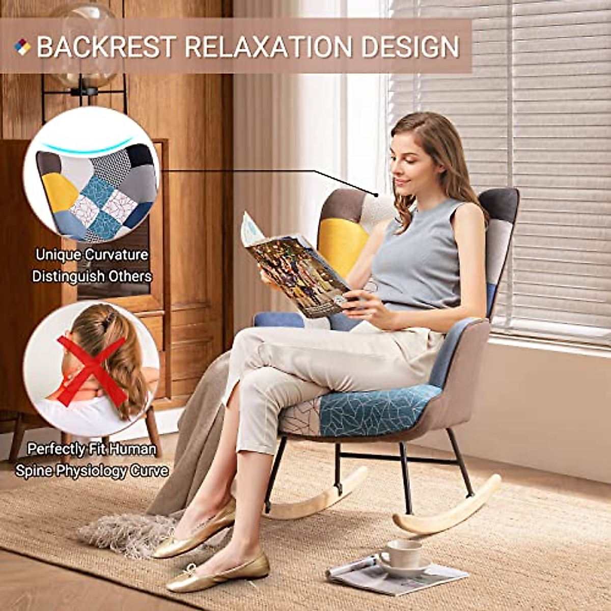 K Knowbody Rocking Chair Nursery, Boho Nursery Glider Rocker Modern Accent Chair for Bedroom, Living Room, Tufted Upholstered Armchair with Linen Fabric, Nursing Chairs for Mom and Baby, Warm Color