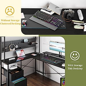 Yoobure L Shaped Desk with Pegboard, Reversible Gaming Desk with LED Lights & Power Outlets, Computer Desk with Drawers & Storage Shelves, Office Desk with Monitor Stand Corner Desk Home Office Desks