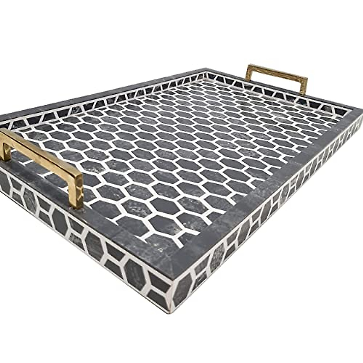 Moroccan Pattern Quatrefoil Bone Inlay Rectangular Serving Tray Brushed Brass Handles Dinner Coffee Decorative Gray
