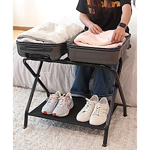 Yuihochic Luggage Rack, Pack of 2, Suitcase Stand with Fabric Storage Shelf, for Guest Room,Bedroom,Hotel, Foldable Painted Steel Frame (Black+Package Quantity 2)