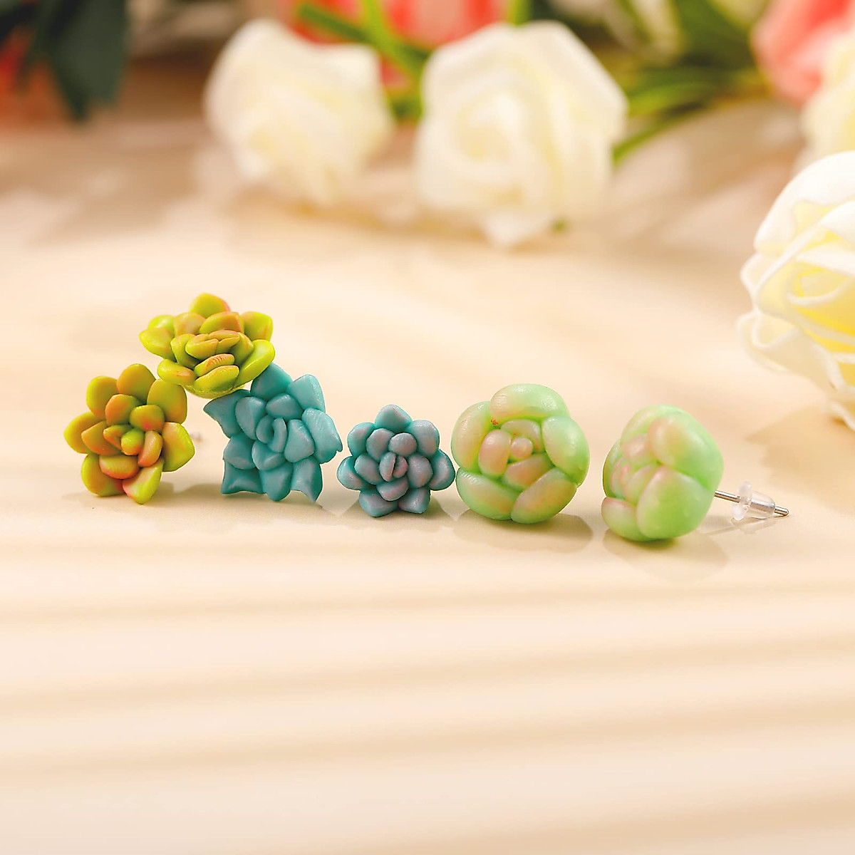 Kenning 3 Pairs Succulent Earrings Plant Earrings Handmade Succulent Jewelry Botanical Floral Stud Earrings Polymer Clay Succulent Stud Earrings Gifts for Women