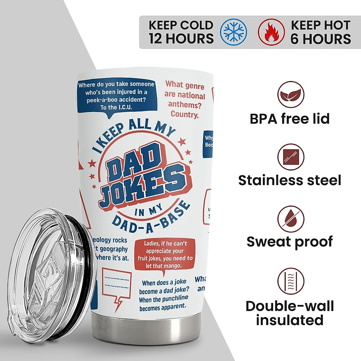 SANDJEST Dad Jokes Insulated Tumbler with Lid - 20oz Stainless Steel Mug for Father - Funny Coffee Cup for Travel Sport Office, Gift for Birthday Father’s Day