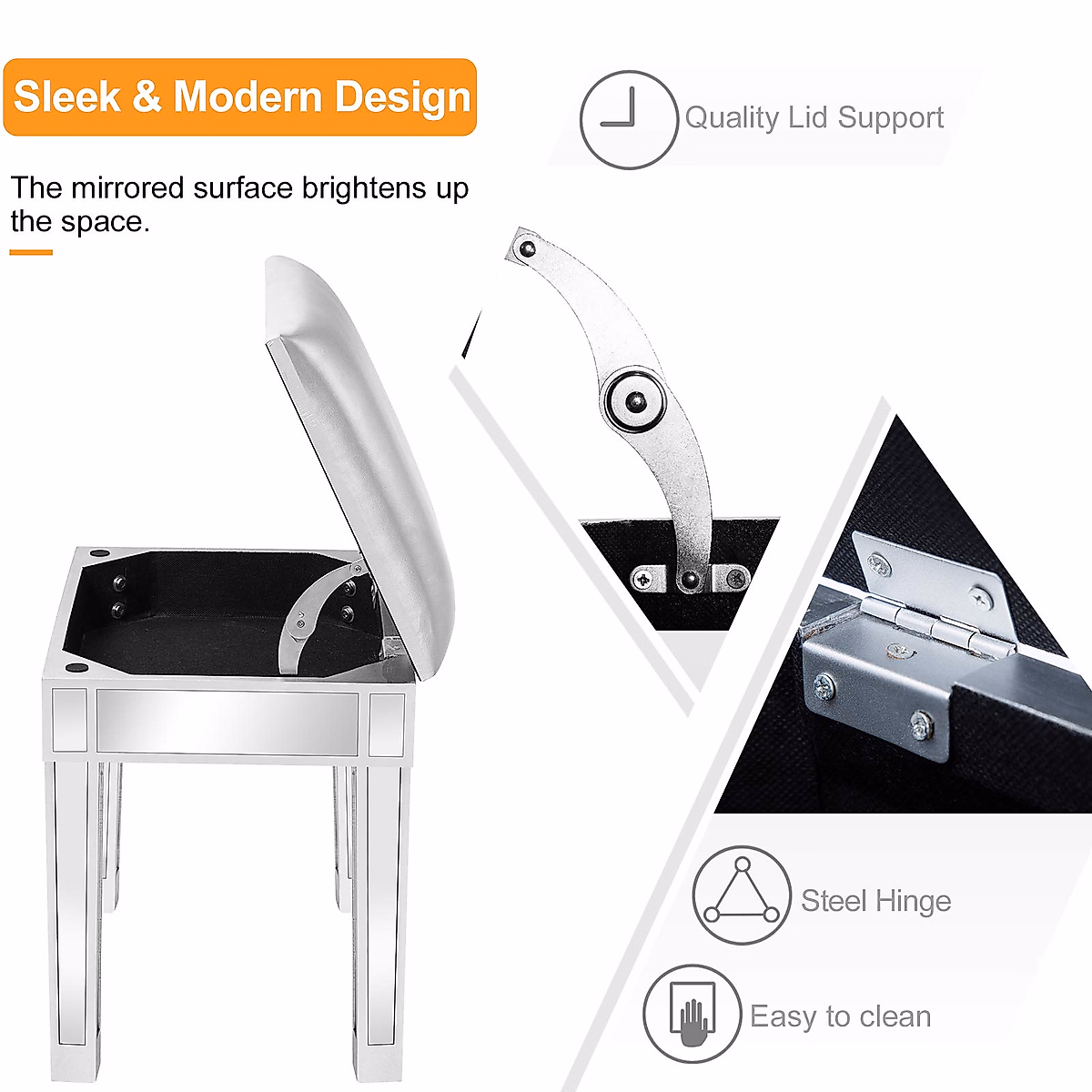 VINGLI Mirrored Vanity Stool with Storage, Faux Leather Ottoman, Makeup Dressing Table Bench, Silver