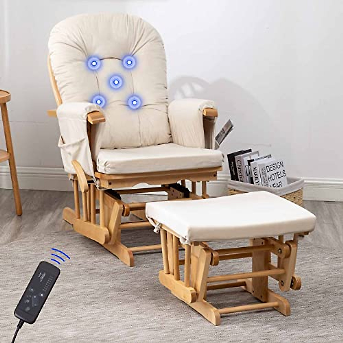 Paddie Beige Massage Glider Rocker Replacement Cushions with Storage Velvet Washable Non Slip for Glider Rocking Chair, 5PCS