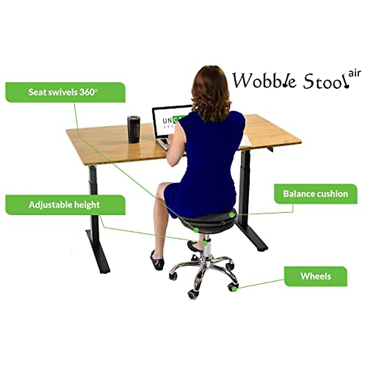WOBBLE STOOL AIR rolling ergonomic balance ball office chair alternative exercise active stool wheels modern sit stand-up standing desk accessories adjustable height black