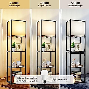 AVV Wide Floor Lamp with Shelves, 4-Tier Modern Shelf Floor Lamp 15W LED Bulb with 2700 4000K 5000K Color Selectable, Display Lamp for Living Room, Bedroom, and Office, Black