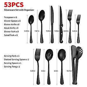 53PCS Black Silverware Set for 8 with Cutlery Drawer Organizer, Stainless Steel Flatware Set with Steak Knives, Include Spoons and Forks Set & Serving Utensils, Mirror Polished