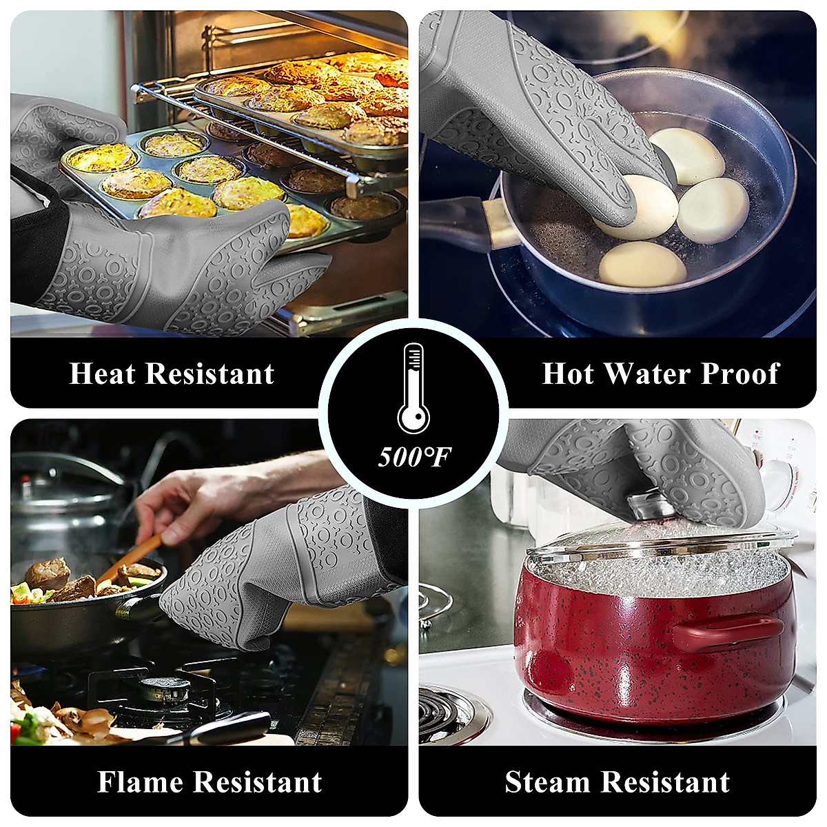 AOFUXTI Silicone Oven Mitts and Pot Holders Sets - Extra Long Heat Resistant Oven Gloves with Hot Pads and Mini Oven Mittens for Grilling, Kitchen Baking Cooking, Soft Quilted Liner, Pack of 9 (Gray)