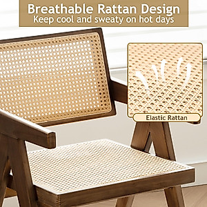 THEETHUNG Rattan Dining Chairs Set of 4, Cane Kitchen Chairs Woven Chairs Boho Solid Wood Frame Armchair Mid Century Modern Side Chairs for Dining Room Living Room Bedroom, Walnut