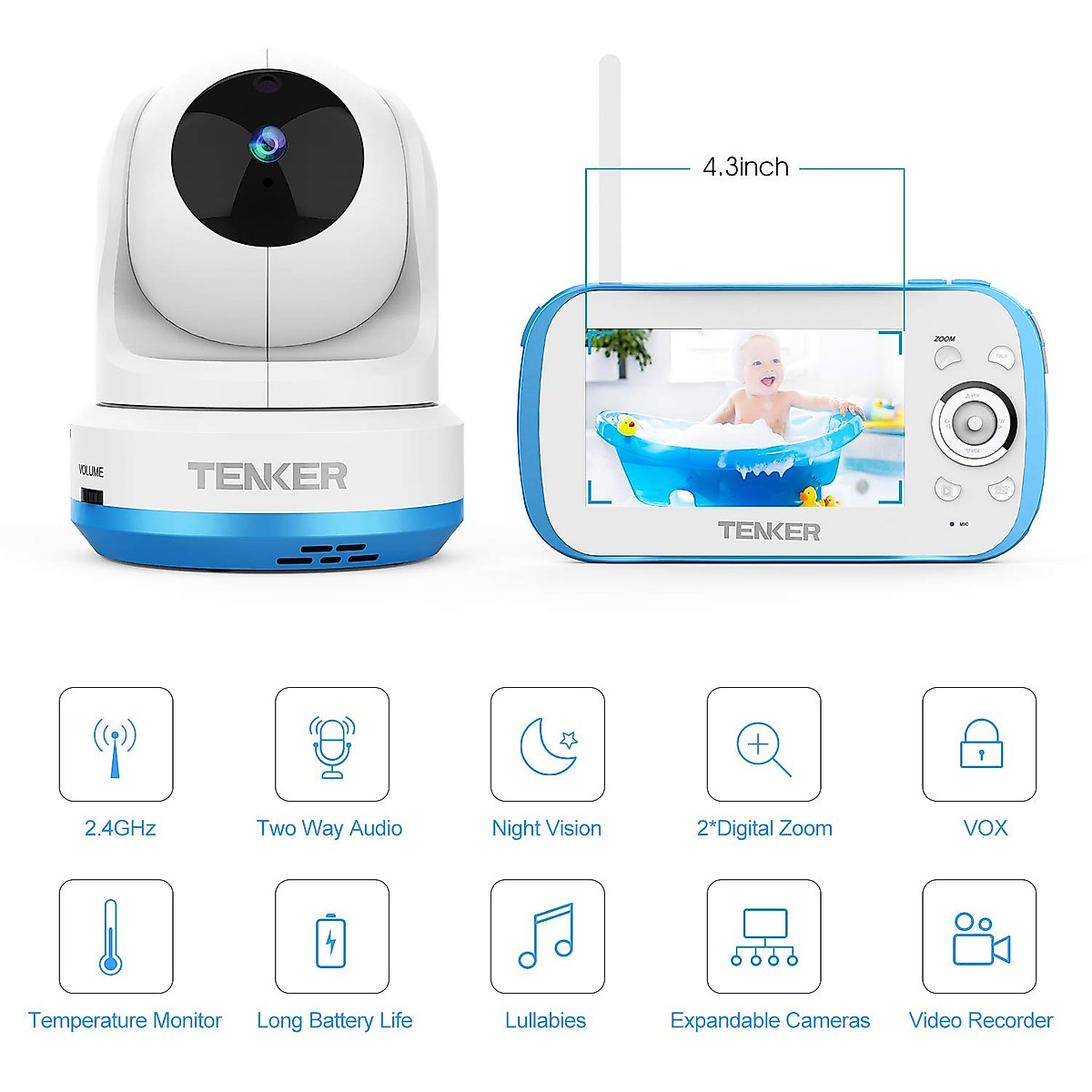 TENKER Video Baby Monitor with Camera and Audio, 4.3 LCD Baby Monitor with Night Vision, Non-WiFi, VOX, Lullaby, Two Way Talk, Temperature Detection, 270°Pan-Tilt-Zoom and Video Record