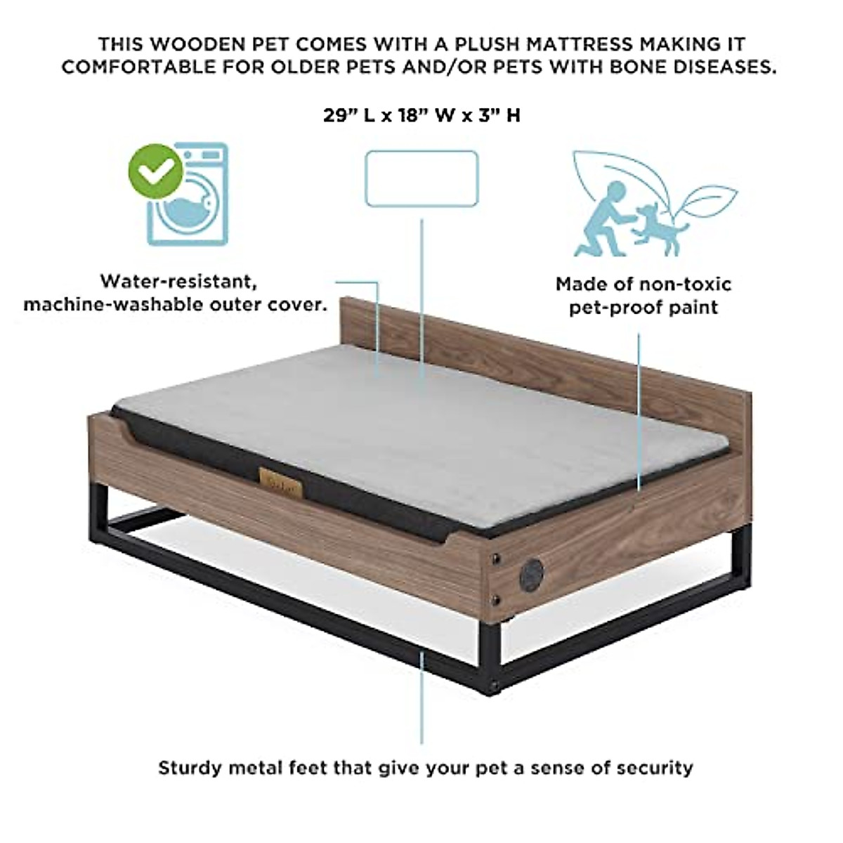 Wooden Dog Bed and Dog Couch with Water-Resistant Mattress, Small to Medium Elevated Pet Bed with Calming mattress, Greenguard Gold Certified, Dog Beds & Furniture, Milo - TailZzz
