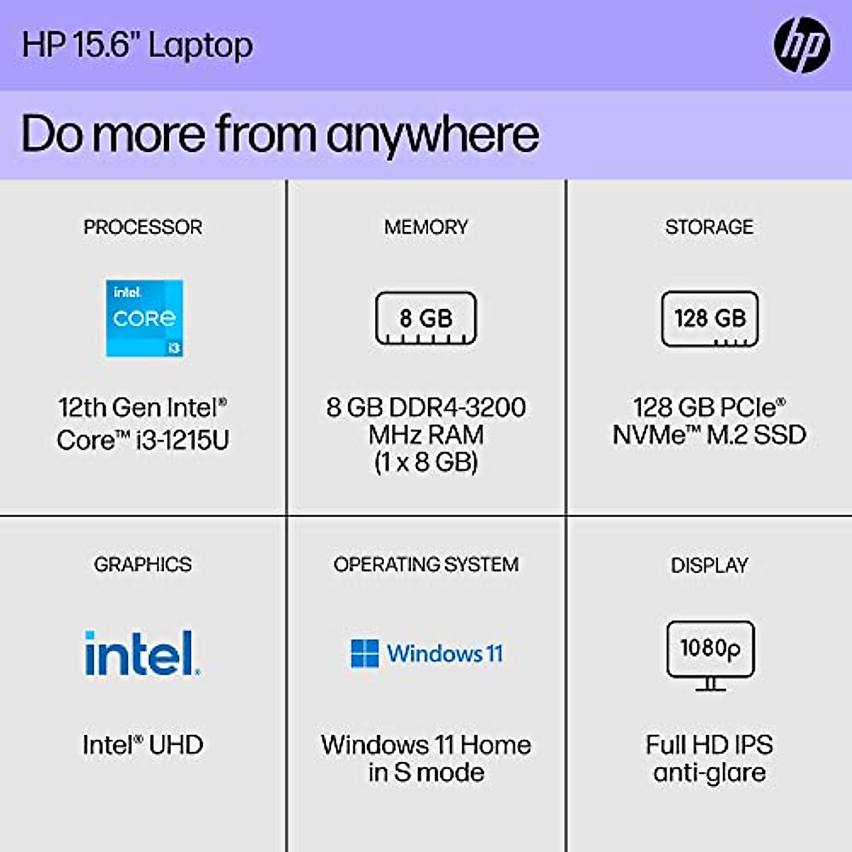HP 15 inch Laptop, FHD Display, Intel Core i3-1215U, 8 GB RAM, 128 GB SSD, Intel UHD Graphics, Windows 11 Home in S Mode, 15-dy5599nr (2023)