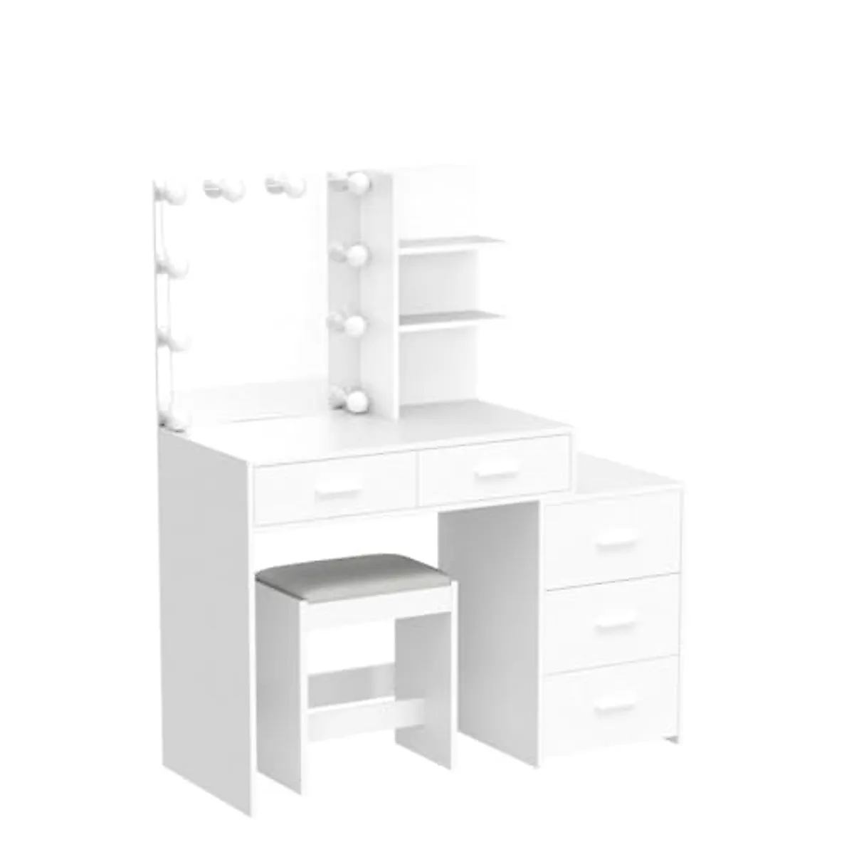 usikey 43.5in Large Vanity Desk with Mirror and 10 LED Lights, Makeup Vanity Table with Lights and 5 Drawers, White Vanity Table Vanity Set with Storage Shelves and Stool for Women Girls, White