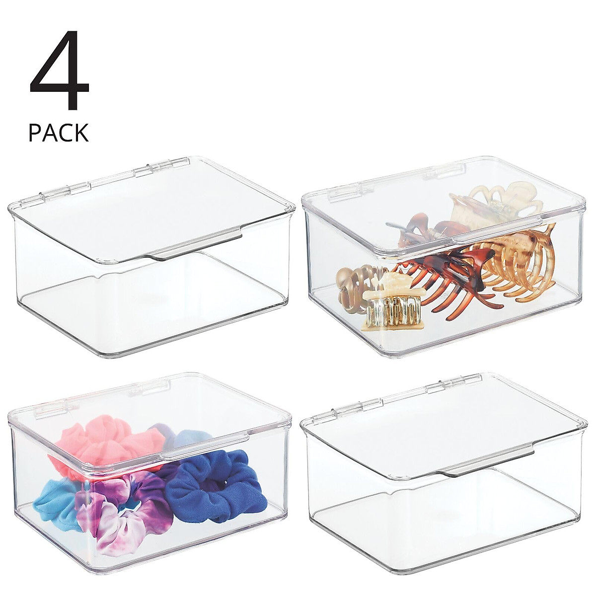 mDesign Plastic Cosmetic Storage Organizer Box Containers, Hinged Lid for Bedroom, Bathroom Vanity Shelf or Cabinet, Holds Masks, Palettes, Nail Polish, Lumiere Collection, 4 Pack - Clear