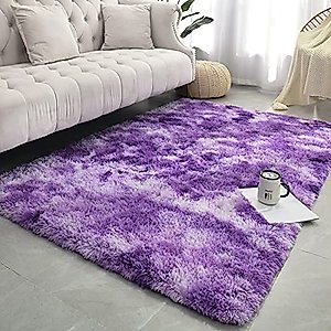 Astorug Fluffy Shaggy Rug Dorm Carpet Area Rug for Bedroom Living Room Bedside Rug for Kids Room Non-Slip Nursery Rug Home Decor Rectangle Fuzzy Rugs,Tie-Dyed Purple,3x5 Feet