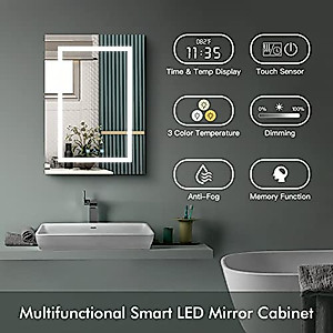 Medicine Cabinet with Lights and Mirror, LED Medicine Cabinet for Bathroom, with Defogger, Dimmer, Clock and Temper Display, Memory Function, 20''X28'', Surface Mounted, Stainless Steel, Left Hinges