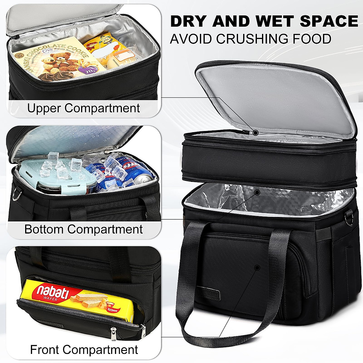 MAPLELILY Lunch Box for Men Women - Double Deck Insulated Lunch Bag, Large Leak Proof Tote Cooler, Wide Open Dual Compartment Lunch Bags with Shoulder Strap, For Work Picnic Hiking Beach, Black