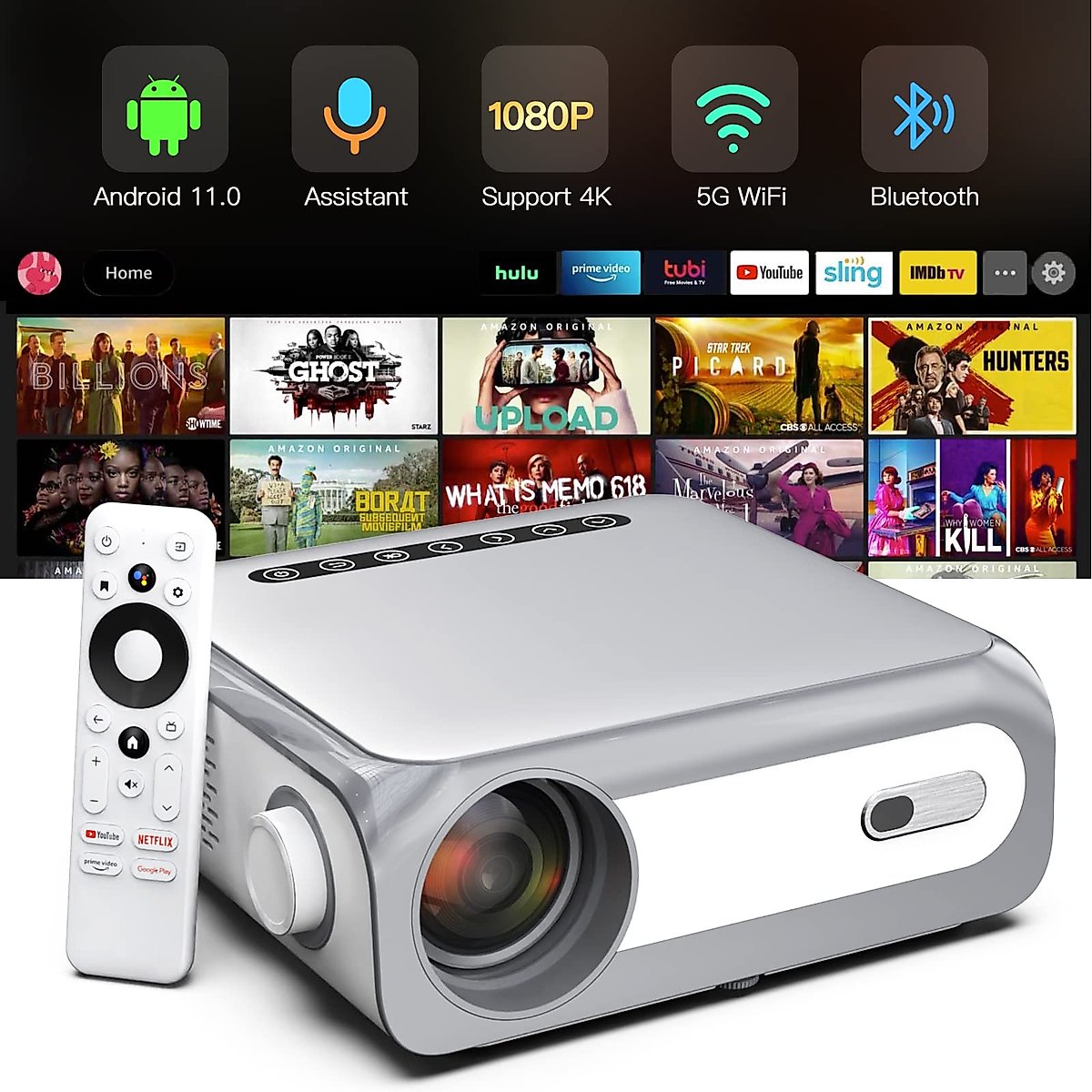 Projector 4K with WiFi and Bluetooth, 5G 1080P Outdoor Movie Projectors, 9500L/700ANSI Portable Smart Mini Projector with 100" Proyector Screen & Tripod, Compatible with iOS/Android/Win/TV Stick