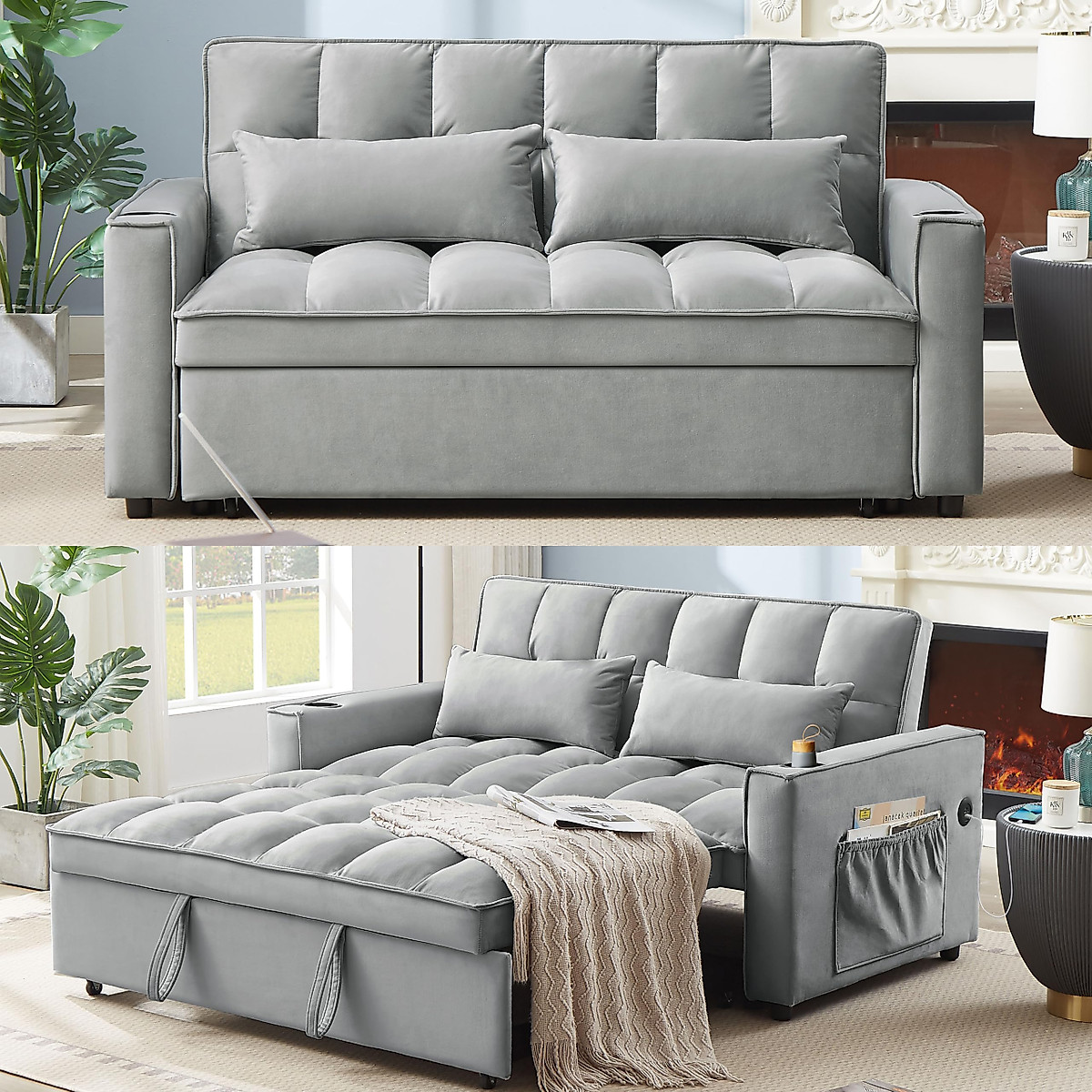 ERYE Full Size Sleeper Sofa Bed Modern 3 in 1 Functional Convertible Loveseat Sofabed with Pull Out Sleep Couch Daybed, Cupholders, USB Charging Ports, 2 Pillows for Living Room