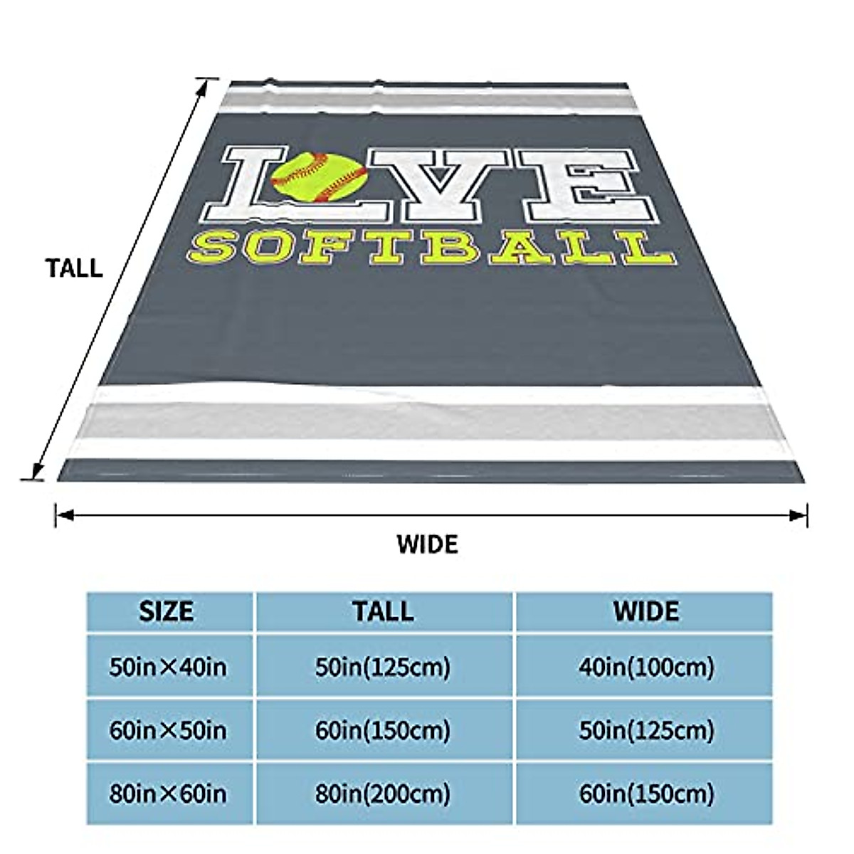 Flannel Softball Blanket for Bed Couch Sofa,I Love Softball on Grey Throw Blanket,Soft Cozy Plush Warm Fuzzy Sport Theme Softball Gift Decor Blanket for Adults Teens Kids 50"x40"