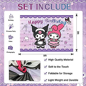 5x3FT Purple Themed Birthday Party Supplies, Cute Cartoon Birthday Banner, Anime Birthday Decorations Backdrop for Girls, Kawaii Themed Background for Party