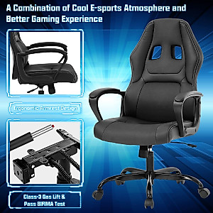 Gaming Chair PC Office Chair Ergonomic Gamer Chair PU Leather Executive Computer Chair with Lumbar Support High Back Adjustable Rolling Swivel Desk Chair for Adult Teen, Black