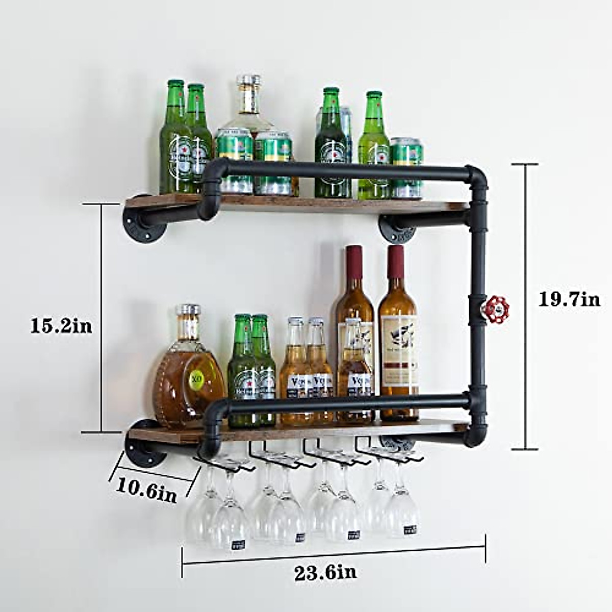 BOTAOYIYI Wine Rack Wall Mounted 2 Tier, Hanging Floating Small Mini Bar Liquor Shelves with Glass Holder Storage Under, Industrial Rustic Pipe Farmhouse Kitchen Decor Black(23.6x10.6x19.7)