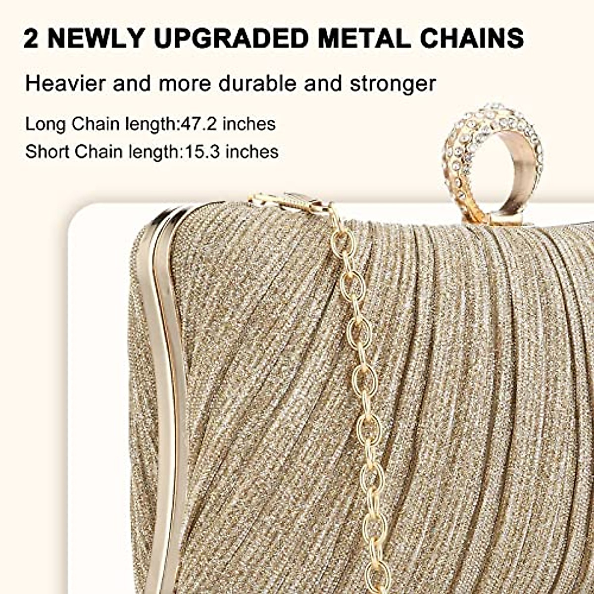 Womens Golden Evening Clutch Purse Glitter Handbag Pleated Evening Bag for Bridal Wedding Party (Gold)