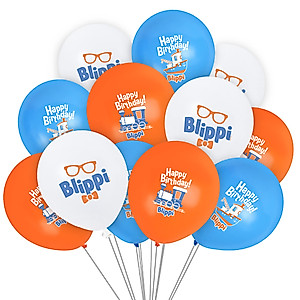 Treasures Gifted Blippi Birthday Party Supplies Vehicle - 12 Pack - Blippi Birthday Balloons Pack - Latex Blippi Balloon - 12 Inch Blippi Balloons Orange, Blue, & White - Blippi Party Supplies