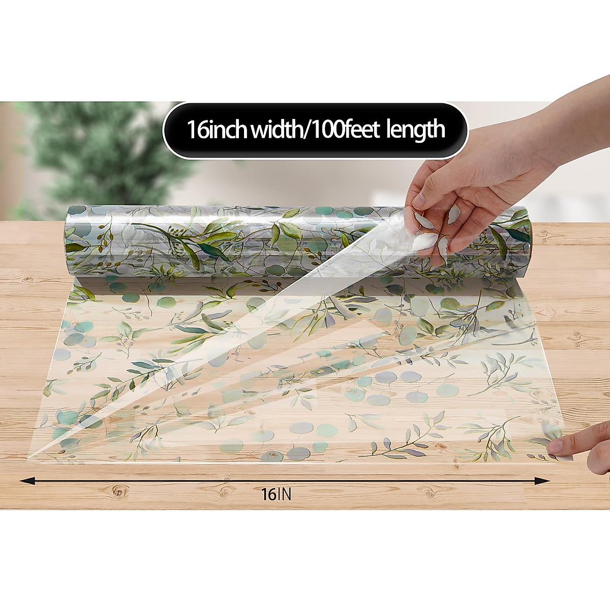 Whaline Eucalyptus Cellophane Wrap Roll Greenery Clear Wrapping Paper Green Leaves Plastic Gift Basket Wrap for Wedding Birthday Baby Shower Party Candy Treat DIY Craft Supplies, 32 Inch x 100 Ft