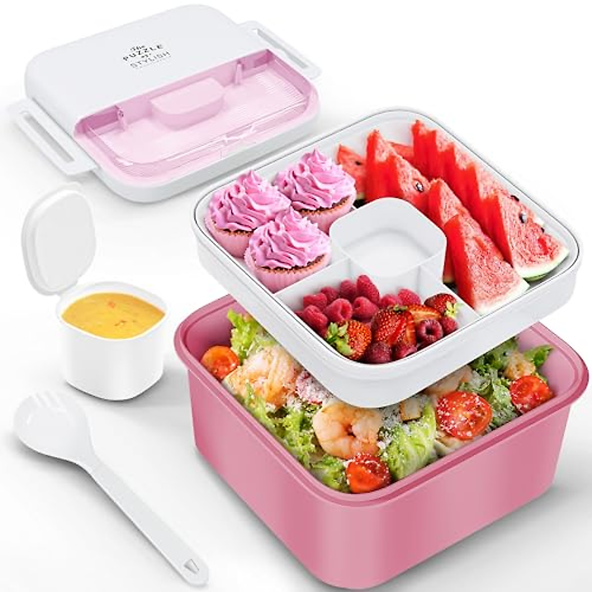 Earth&ME Bento Lunch Box For Adults Kids, 1100 Ml Bento Box Container With 2 Floors 3 Compartments, Leak-proof Sauce Container, Spork, Ideal Salad Container For Lunch For School, Office, Travel, Pink