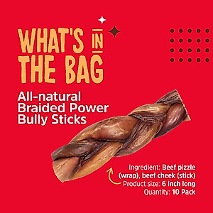 Dogfy Braided Power Bully Sticks Dog Chews (6”, 10-Pack), 2-in-1 Power Chews: Premium Beef Cheek Wrapped in Beef Pizzle, Braided Together for a Very Long Lasting Chew, Great for Medium Dogs