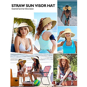 Straw Sun Visor Hats for Women, Pakcable Roll-Up Wide Brim Ponytail Summer Beach Hat, Straw Hats for Women UV Protection, Beach Hats for Women for Girls Holiday Summer Vacation Travel (Dark Coffee)