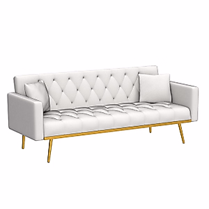 Convertible Velvet Futon Sofa Bed, 73-inch Sleeper Couch with 3 Reclining Angles, Living Room Loveseat Sofa with Golden Tapered Metal Legs, White
