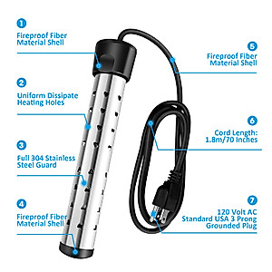 Immersion Water Heater for Boiling Bath Water,Portable Electric 304 Stainless Heater Outdoor with Guard Cover -LCD Thermometer,for MotorhomeTub Buckets ,Boils 5 Gallon Bucket of Water in Minutes (A3)
