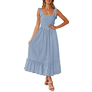 ZESICA Women's 2025 Summer Boho Spaghetti Strap Square Neck Solid Color Ruffle A Line Beach Long Maxi Dress,Blue,Small
