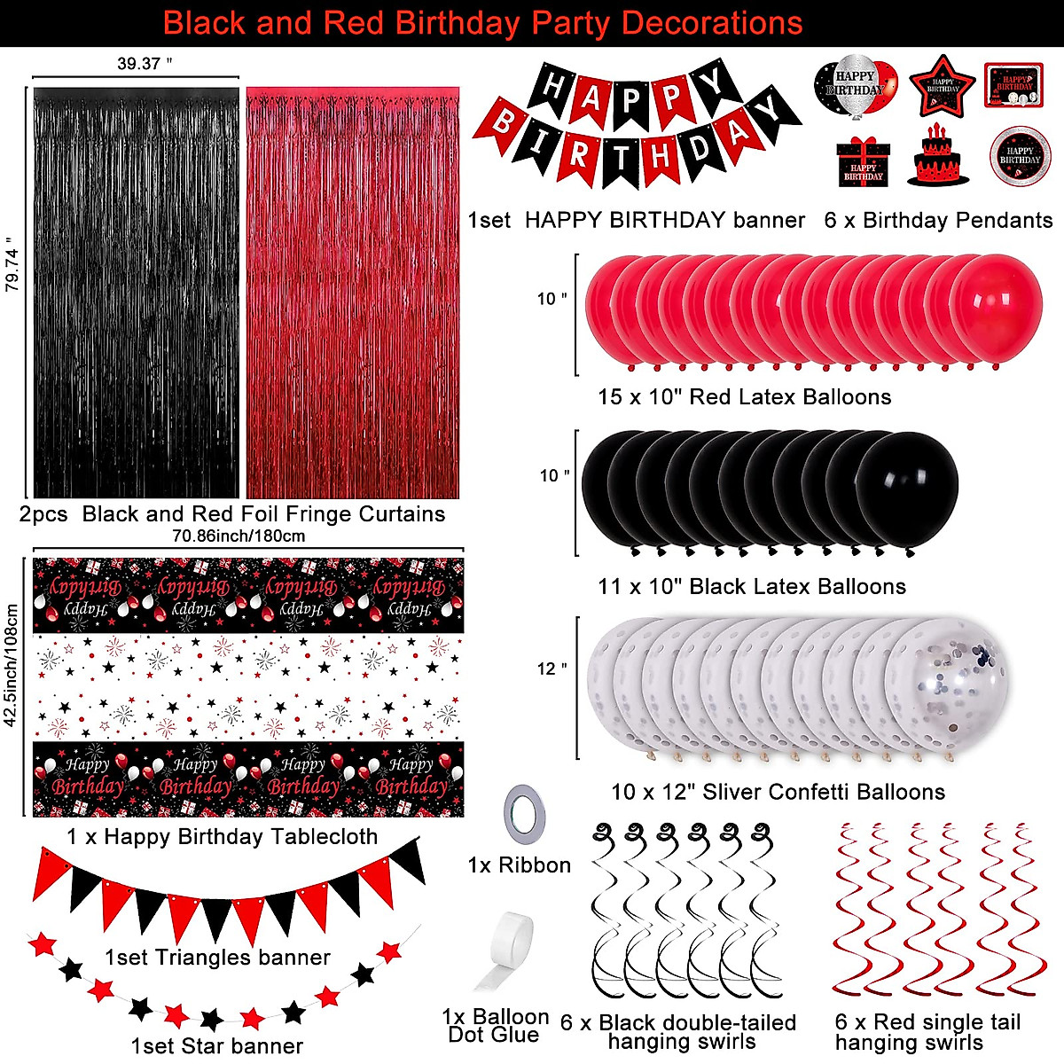 Red and Black Birthday Decorations for Men Women, Happy Birthday Party Decorations for Boys Girls with Happy Birthday Banner Tablecloth Foil Fringe Curtains Hanging Swirls Decor Black and Red Party