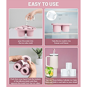 Ice Cube Tray for Stanley 40Oz Tumbler Cup, Silicone Cylinder Ice Cube Shape Mold with Lid and 4 PCS Straw Covers,Fit for Ice Drinks, Tea, Coffee,Whiskey, Cocktails And More (Rose Quartz Pink)